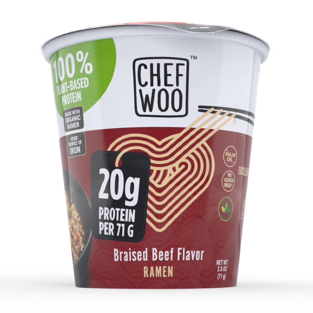 CHEF WOO Braised Beef Ramen, High Protein Noodles, 20g of An