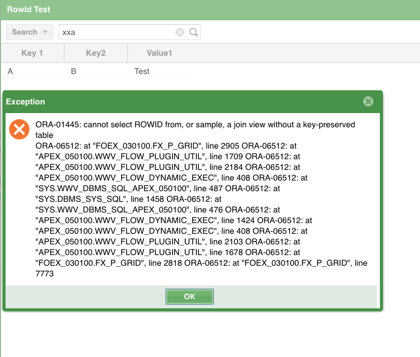 Using ROWID as a primary key on a grid throws ORA-01445 when using ...